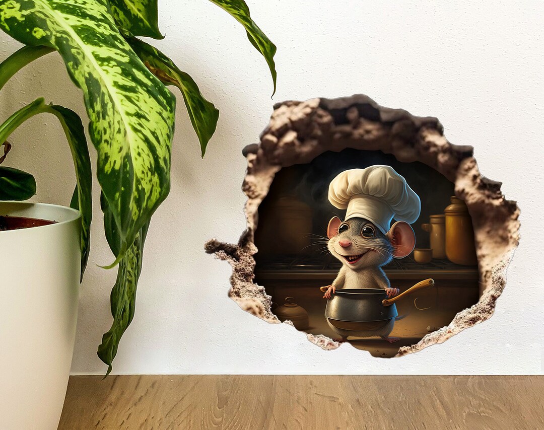 Cute Smiling Mouse Cook, Mouse Hole Sticker, 3D Wall Decal, Skirting ...