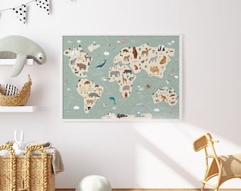 Animal World Map Poster, Kids Print Art, Children's Map, Nursery Wall ...