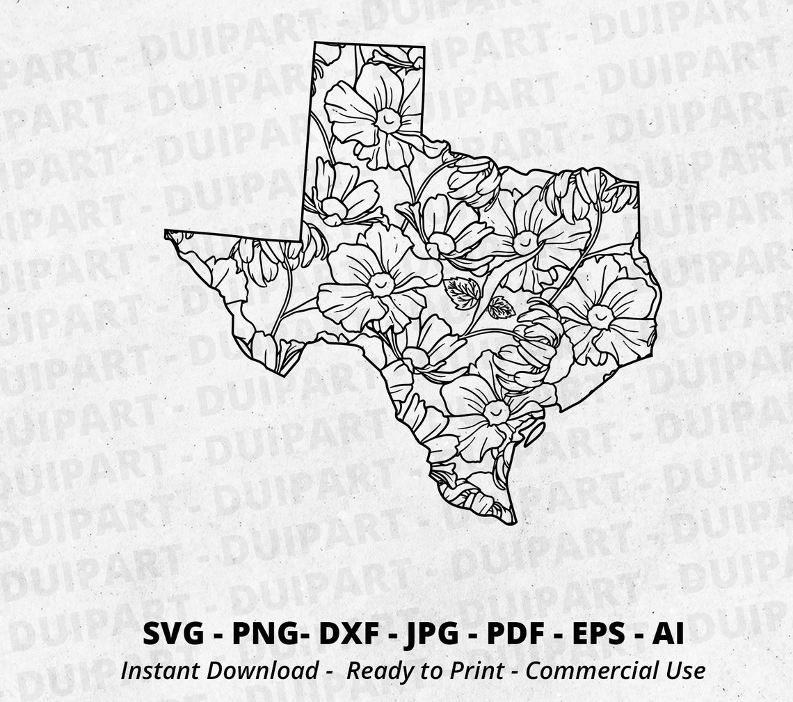 Floral Texas State SVG, Flower Outline, Cricut, Sketch (digital ...