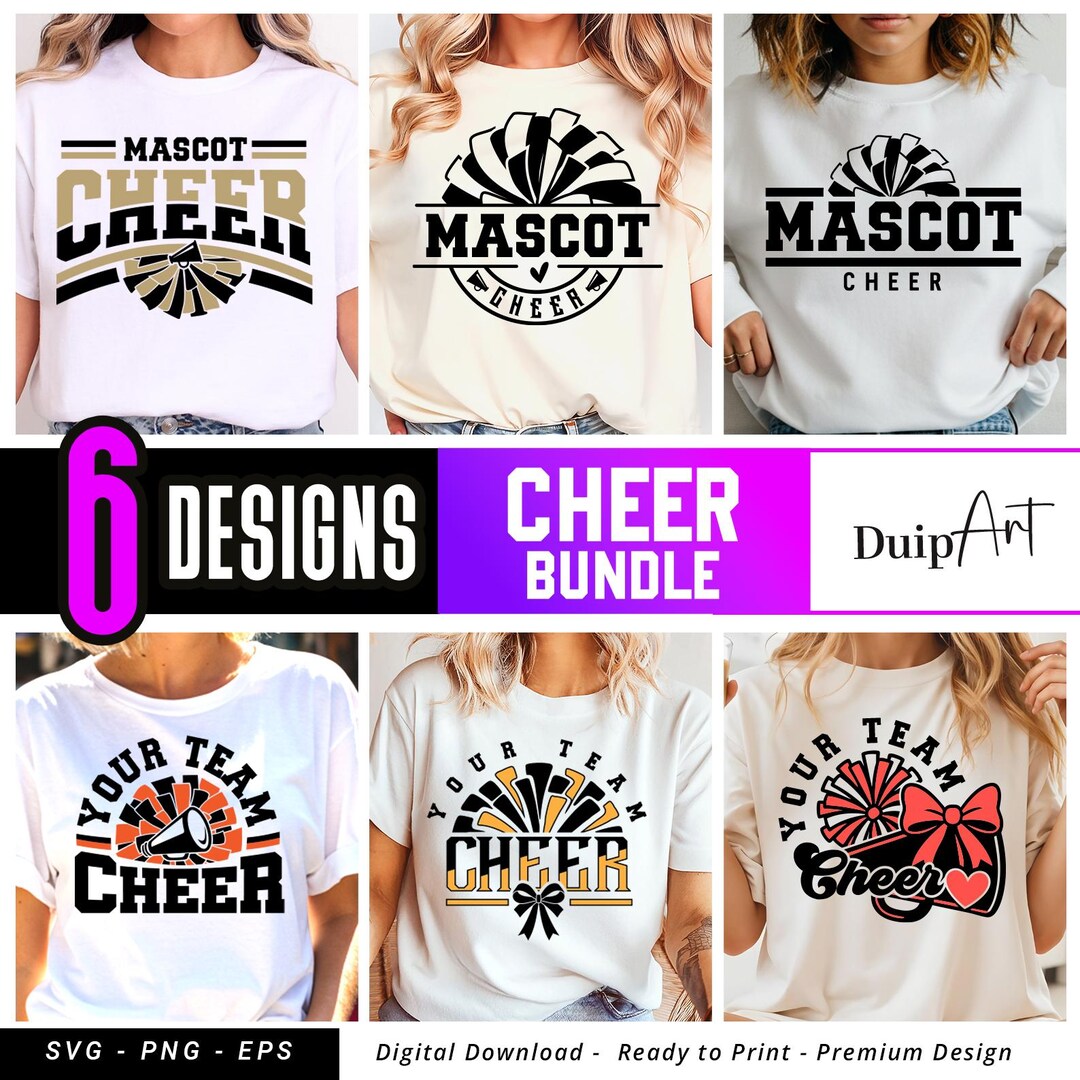 Cheerleader SVG Bundle, Editable Team Shirts, Mascot Text (6 Designs ...