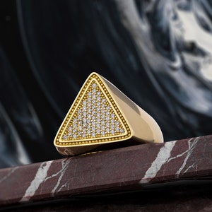 Gold Dainty Triangle Ring for Men With CZ 14K Gold Mens - Etsy