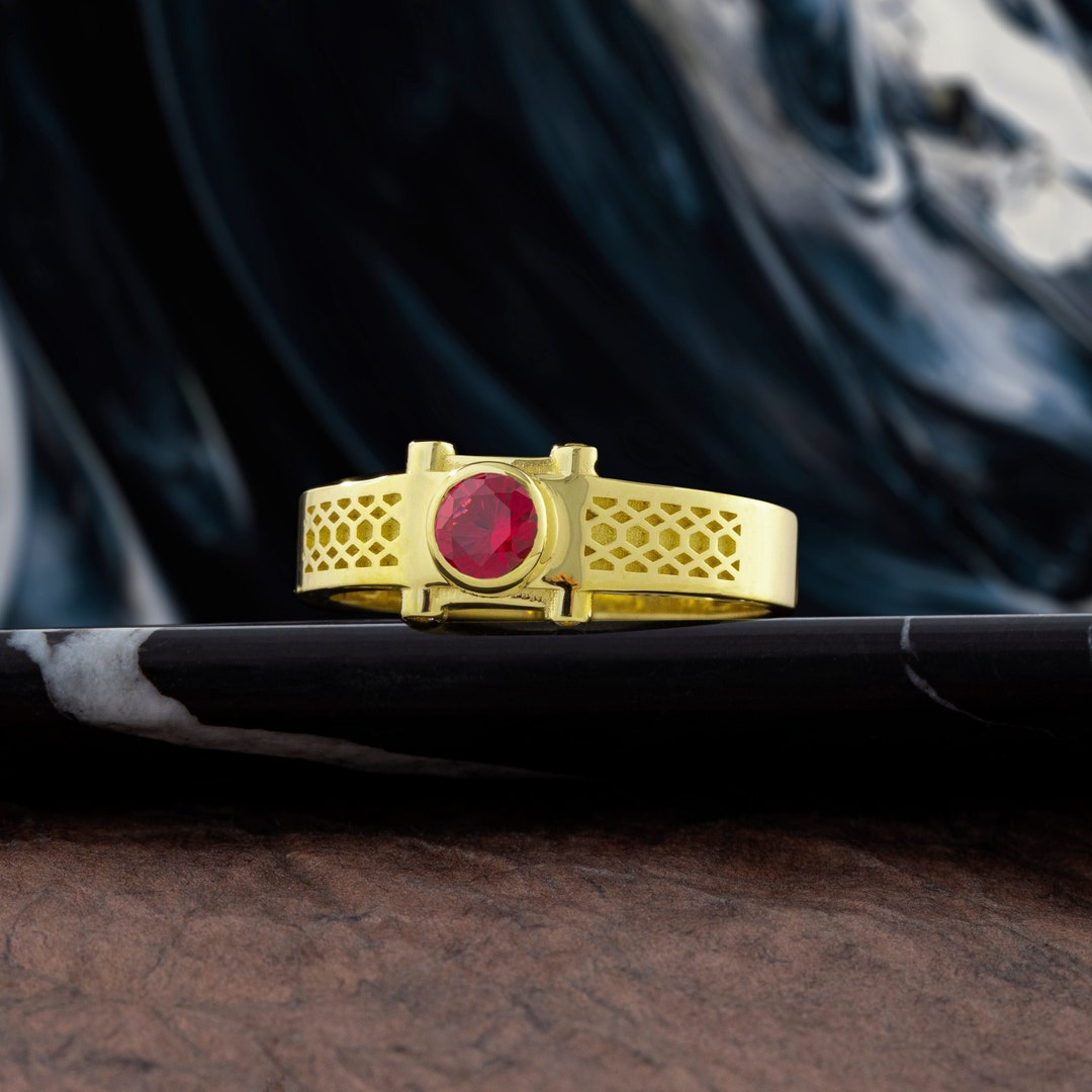 Ruby Mens Solitaire Ring in Gold, Mens Wedding Band Ring, Gold Pinky ...