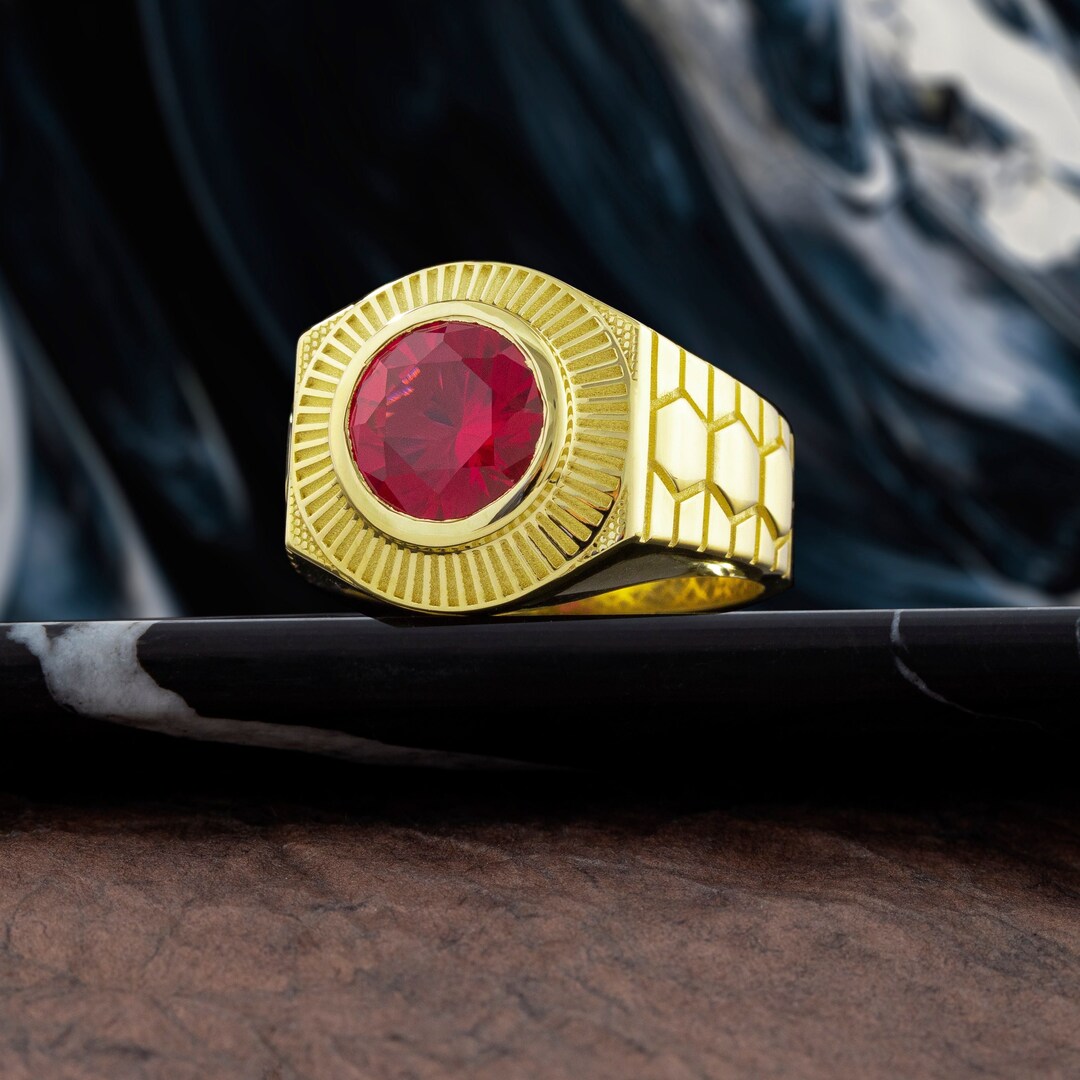 14K Gold Gemstone Ring With Red Ruby, Mens Solitaire Ring, Vintage Gold ...