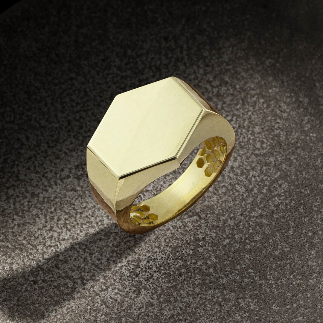 Custom Hexagon Dainty Signet Ring for Men in Gold, Personalized Chunky ...