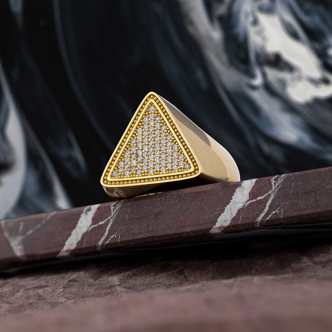 Gold Dainty Triangle Ring for Men With CZ, 14K Gold Mens Statment Ring ...
