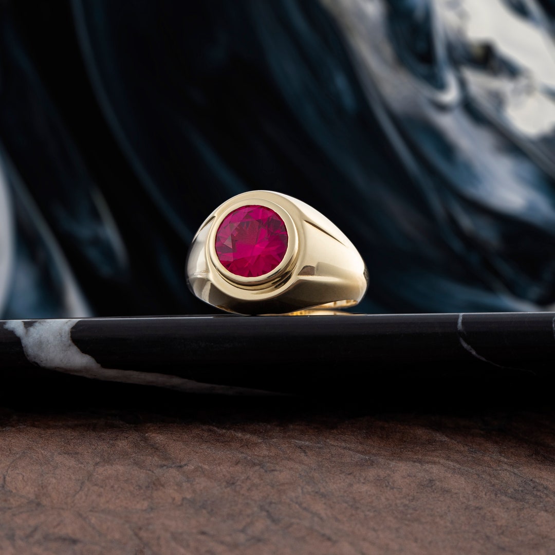 Gold Mens Wedding Ring With Red Ruby, 14K Gold Mens Personalized ...