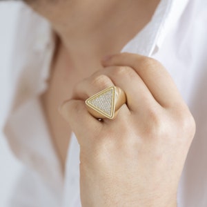 Gold Dainty Triangle Ring for Men With CZ, 14K Gold Mens Statment Ring ...