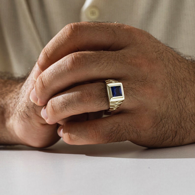 Blue Star Sapphire Gold Signet Rings for Men 10K 14K Gold - Etsy