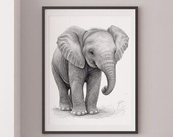 Cute Baby Elephant Pencil Drawing With White Background, Digital Print, Digital Download, Cute ...
