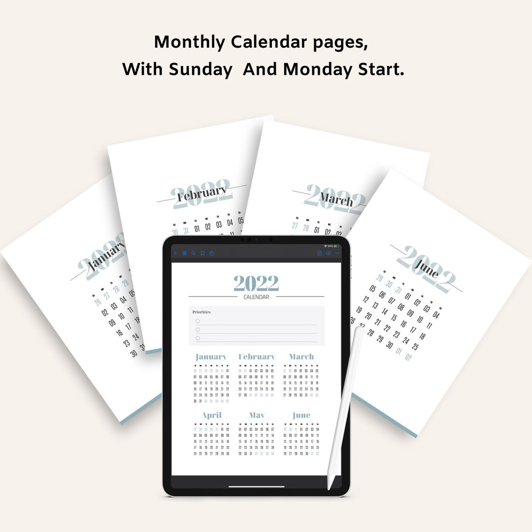 2022 Monthly Calendar, Simple Calendar, Sunday Start Calendar, Monday ...