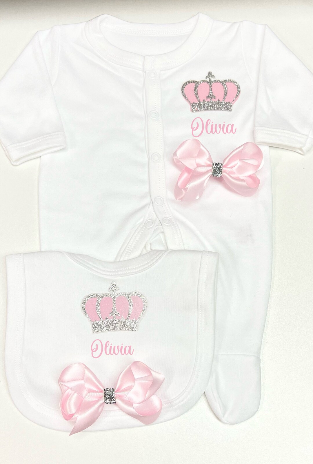 Newborn Baby Homecoming Set Sleep Suit Bib Bows Personalised - Etsy UK