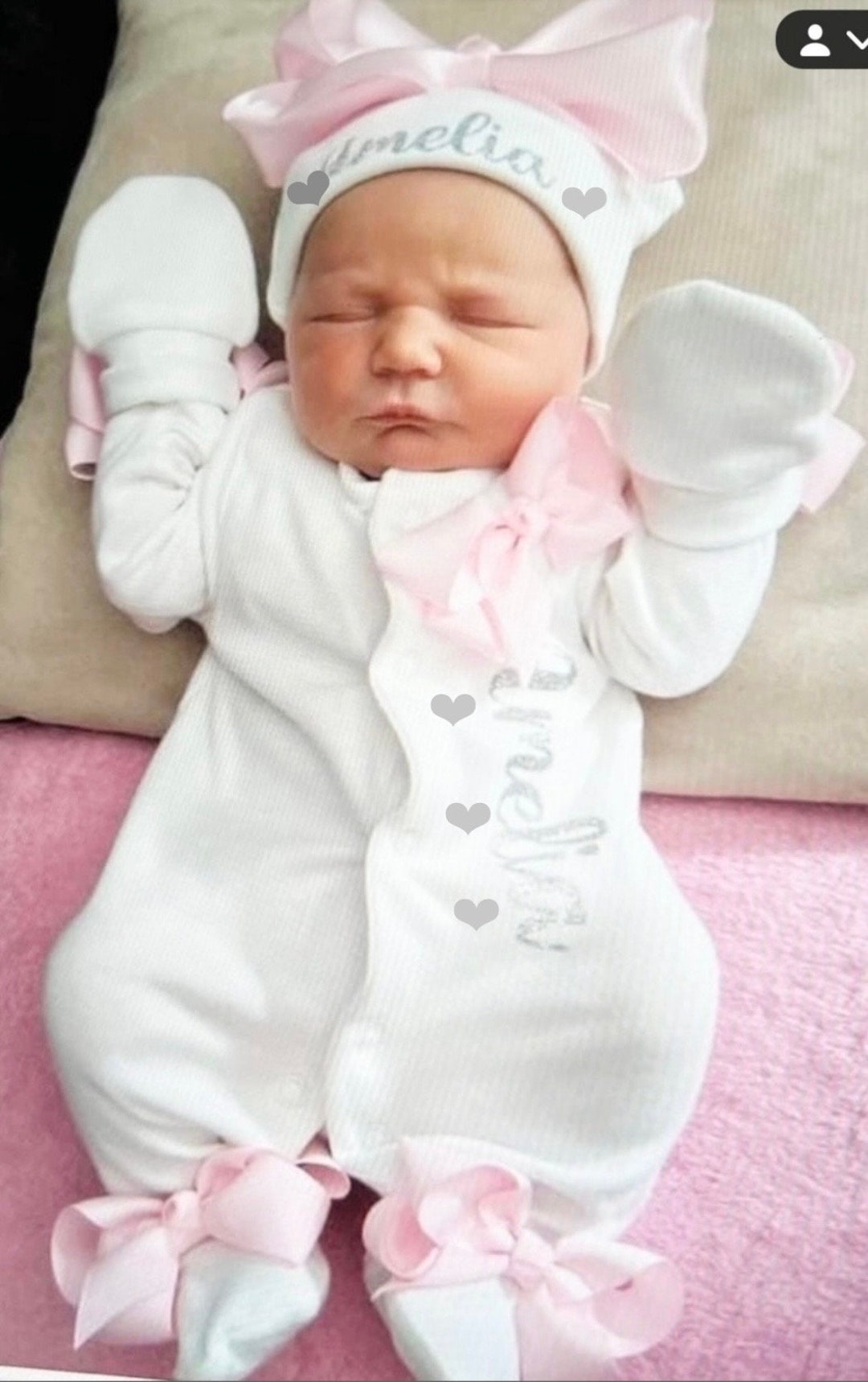 Newborn Baby Girl Homecoming Set, Sleepsuit/babygrow, Mitts, Hat ...