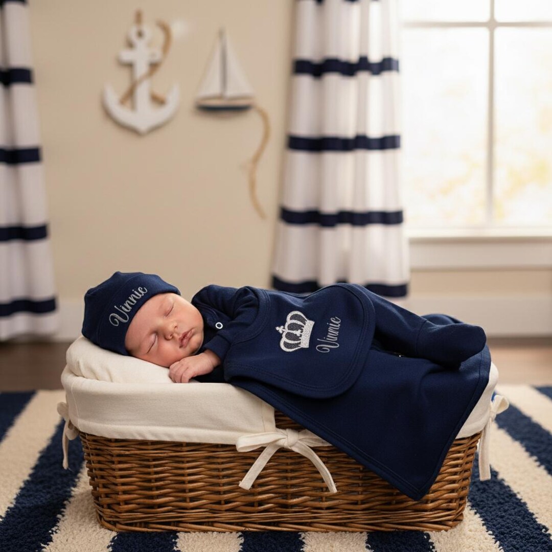 Newborn Navy Baby Boy Homecoming Set Sleepsuit Babygrow Hat Bib ...