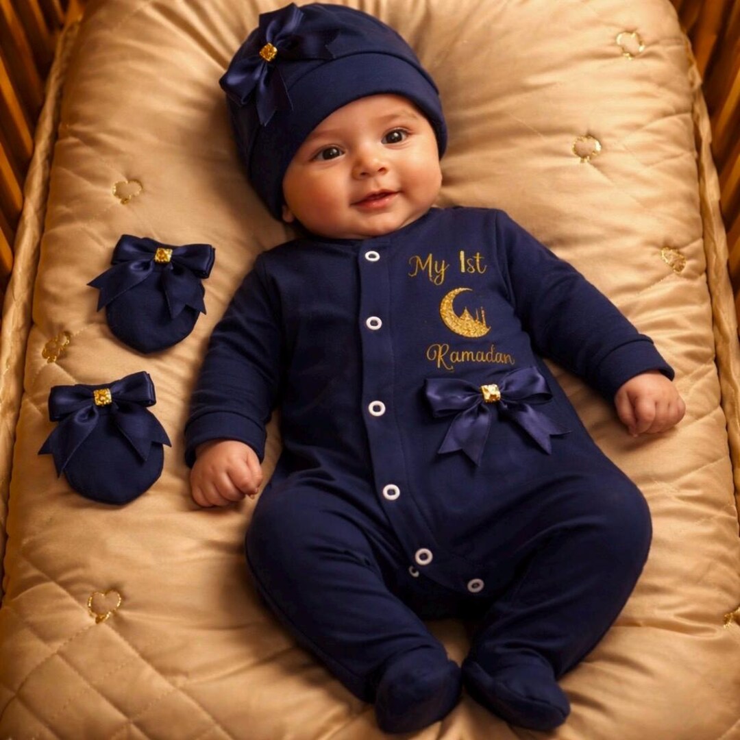 Newborn Baby Eid Ramadan Navy Baby Boy a FULL SET is Sleepsuit Hat ...