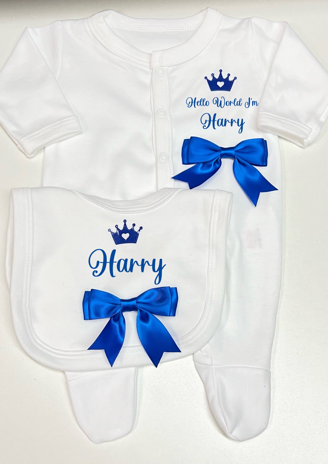 Newborn Baby Homecoming Set Sleep Suit Bib Bows Personalised - Etsy UK