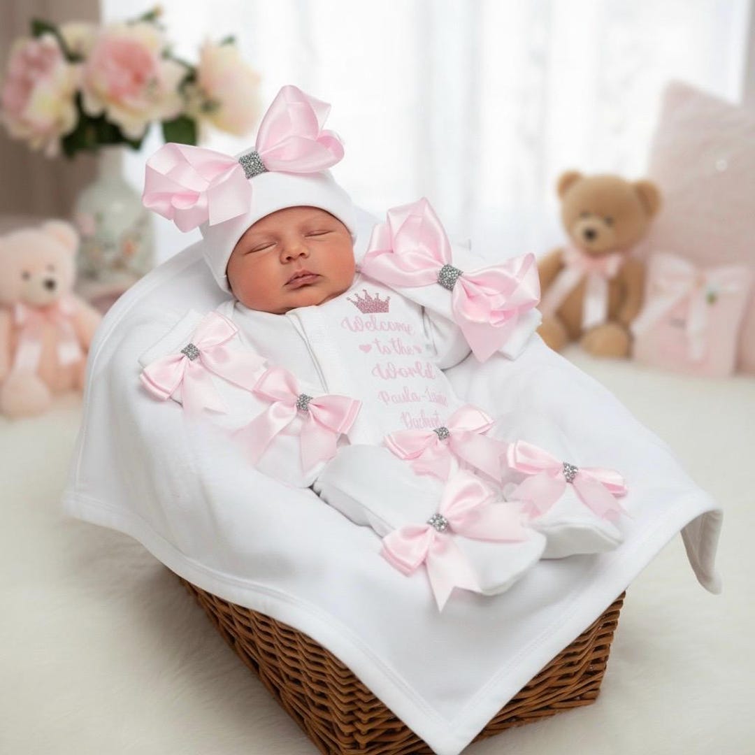 Newborn Baby Homecoming Hospital Set Sleepsuit Babygrow Large Bow Hat ...