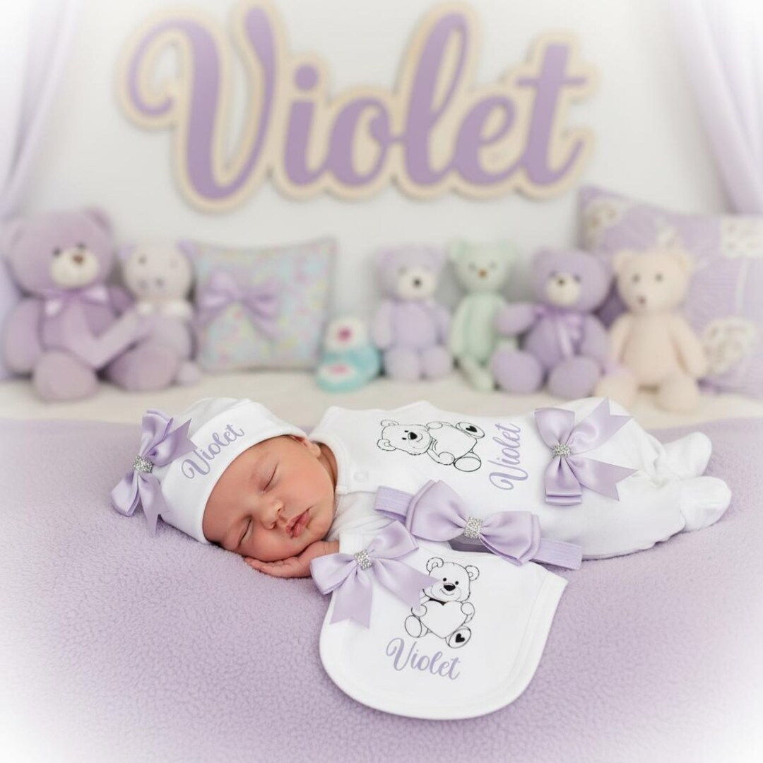 Newborn Baby Girl Homecoming Set Sleepsuit Babygrow Hat Bib Headband ...