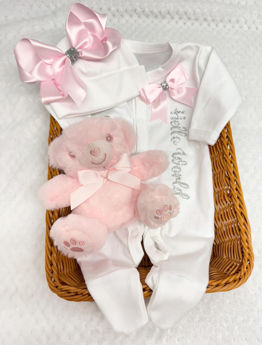 Newborn Baby Girl Homecoming Set, HELLO WORLD Sleepsuit/babygrow, Teddy ...