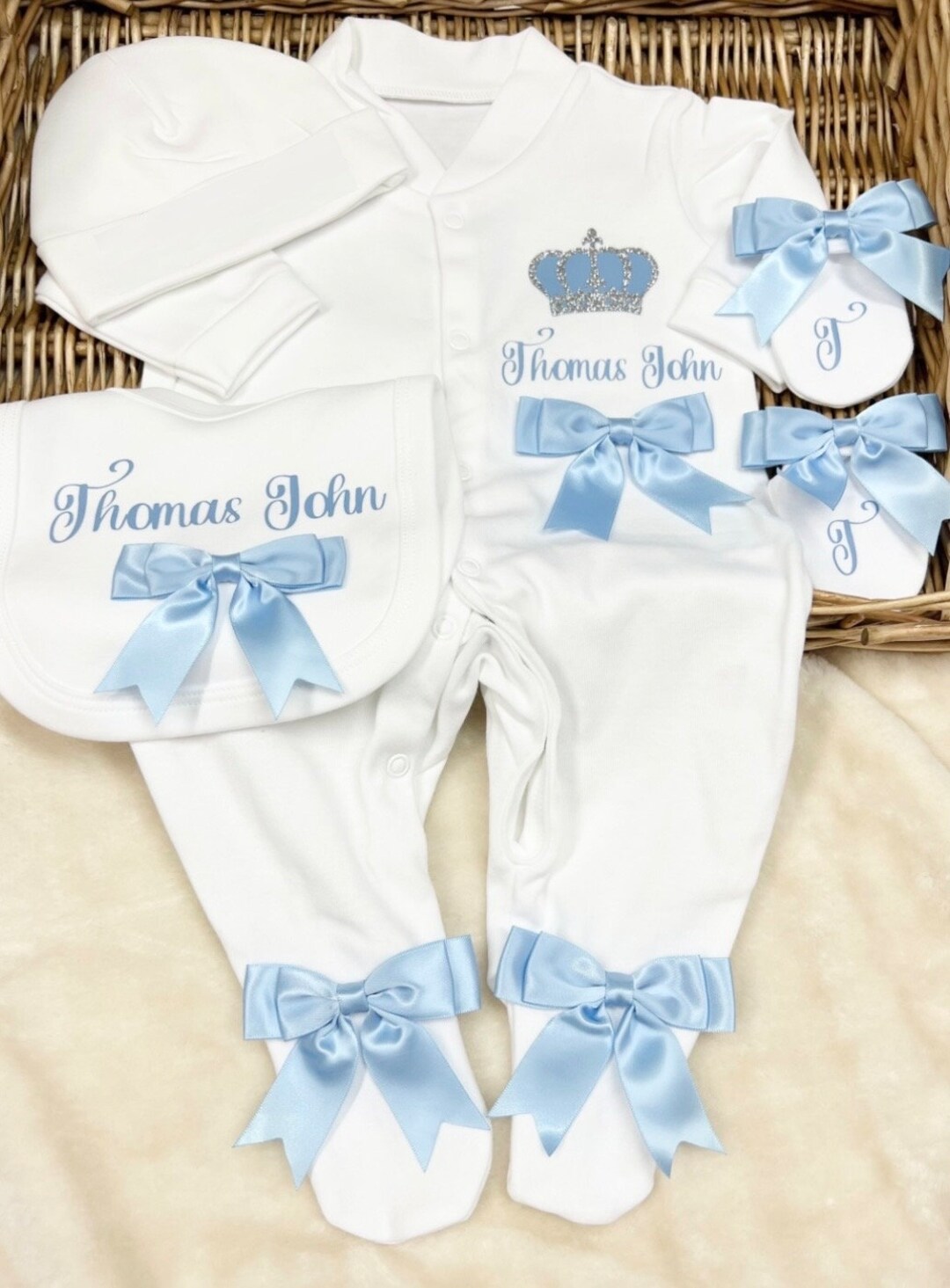 Newborn Baby Homecoming Luxury Set Sleepsuit Bib Mitts Hat, Any Name ...