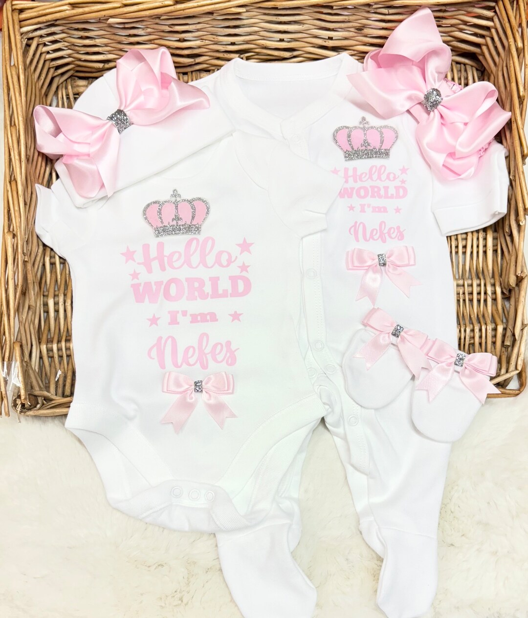 Newborn Baby Homecoming Set, Sleepsuit Large Bow Hat Mitts Bodysuit ...