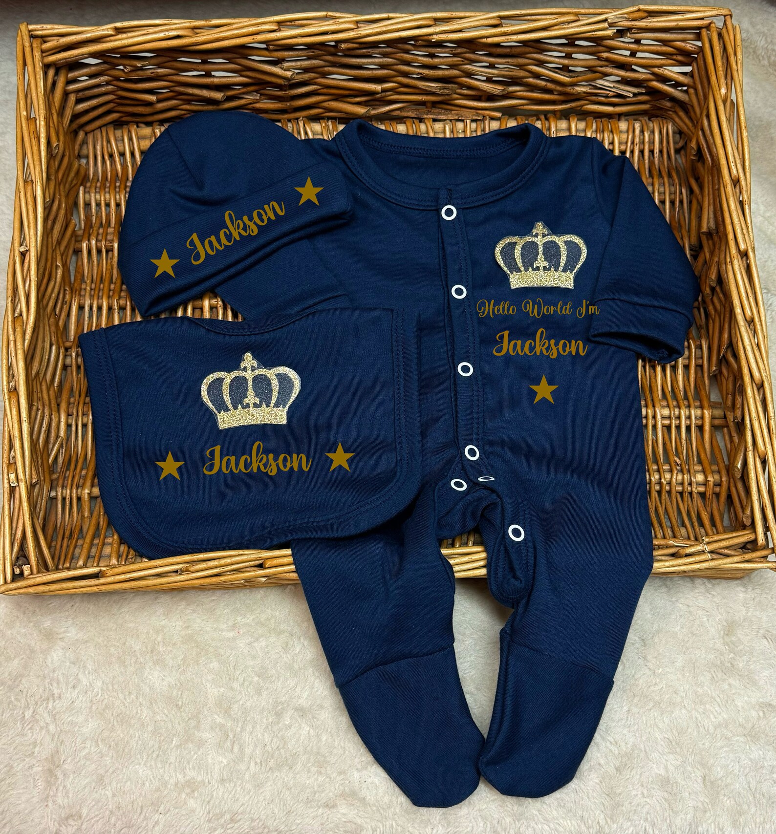 Newborn Navy Baby Boy Homecoming Set, Sleepsuit/babygrow, Hat, Bib Any ...