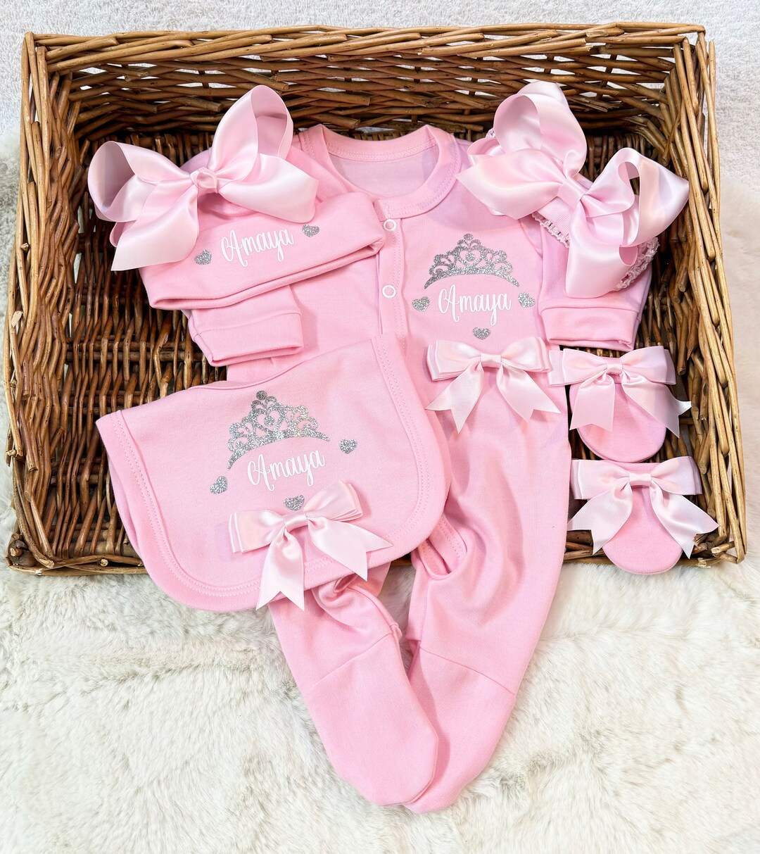 Newborn Baby Girl Homecoming Outfit Sleepsuit Babygrow Hat Bib Headband ...