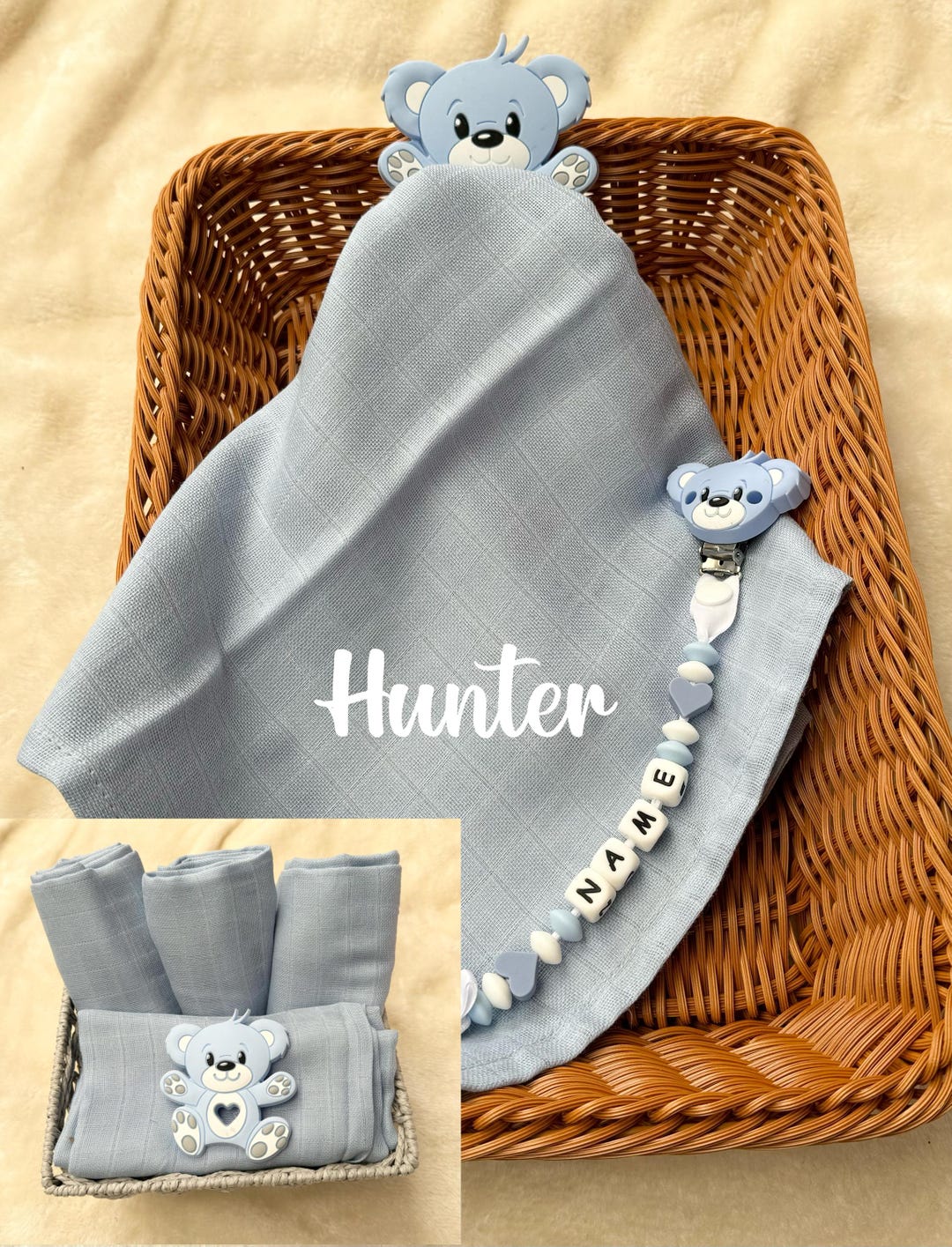 SPECIAL OFFER 1 Silicone Teddy Bear Teether, 1 Muslin Personalised ...