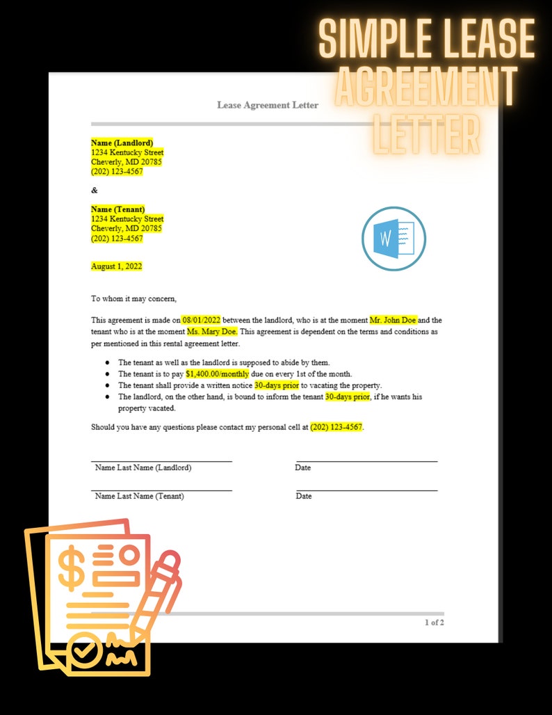 Simple Lease Agreement Letter With Notarial Writing - Etsy