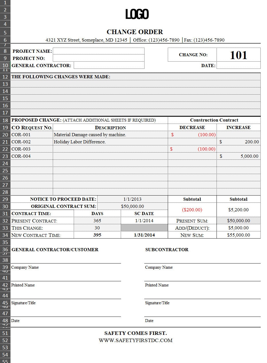 Construction Change Order Sample - Etsy