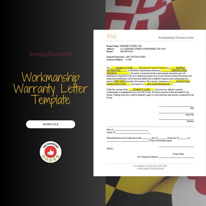 Construction Workmanship Warranty Letter With Notarial Writing - Etsy
