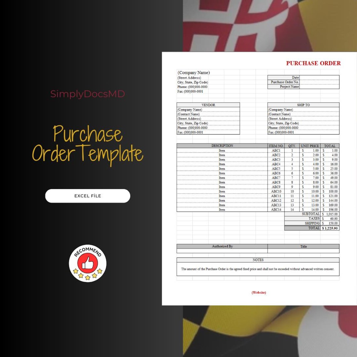 Purchase Order Excel Template Etsy 7893