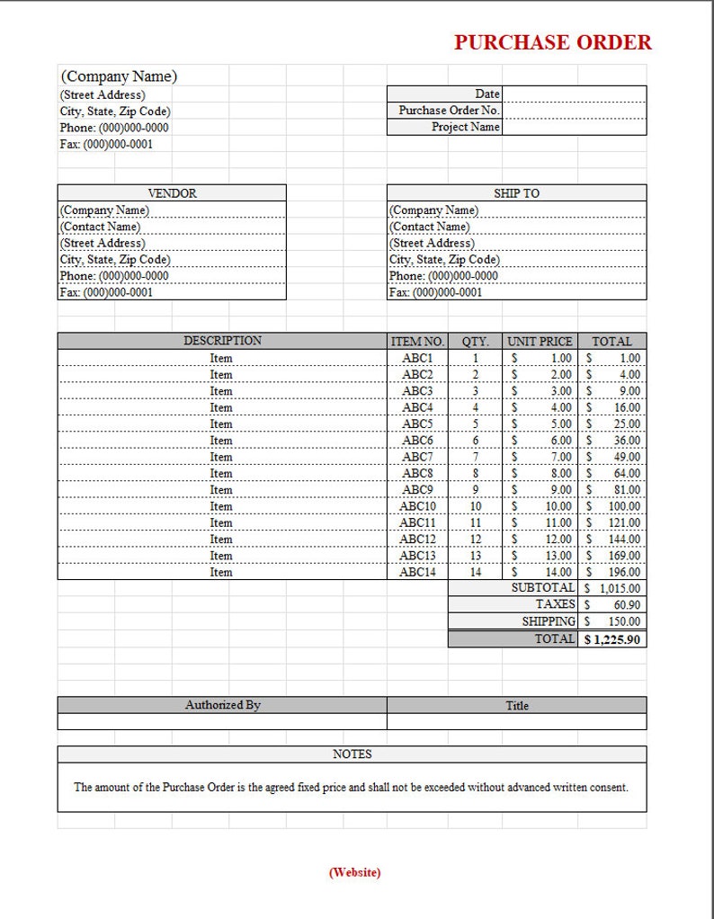 Purchase Order (excel Template) - Etsy