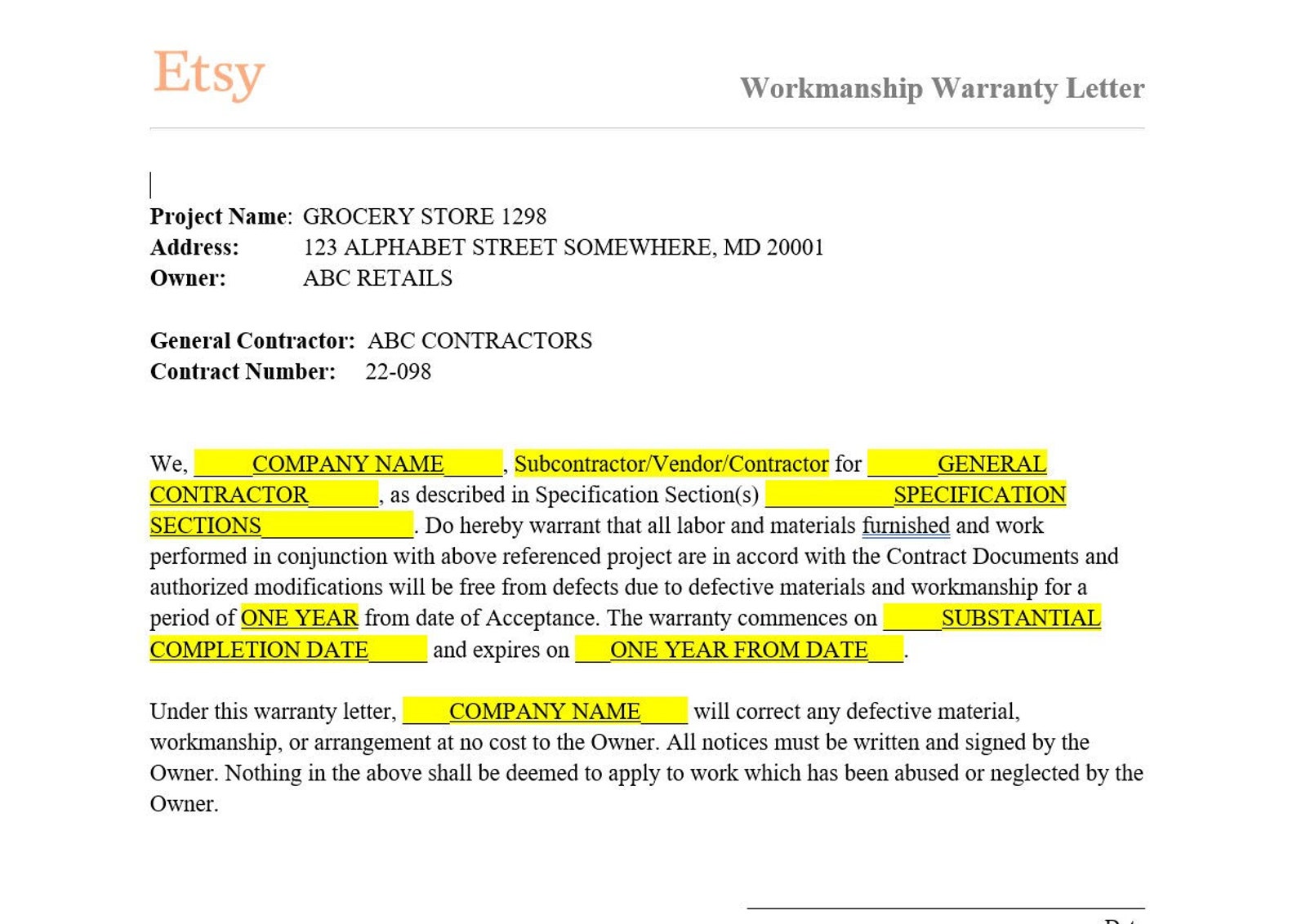 Construction Workmanship Warranty Letter With Notarial Writing - Etsy