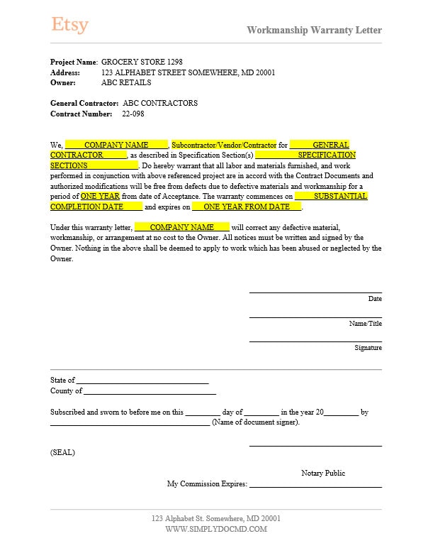 Construction Workmanship Warranty Letter With Notarial Writing - Etsy