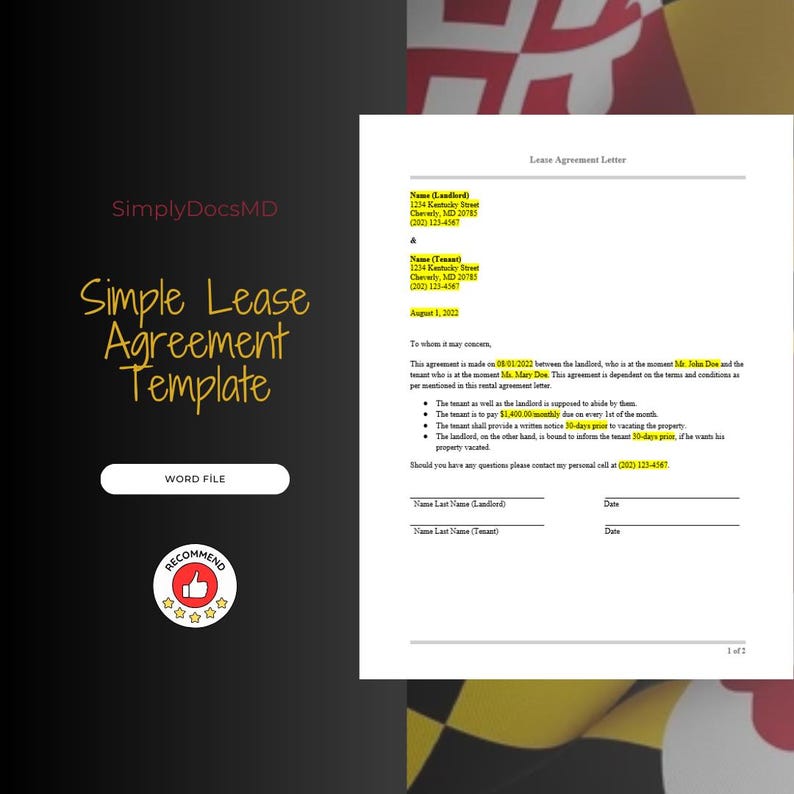 Simple Lease Agreement Letter With Notarial Writing - Etsy