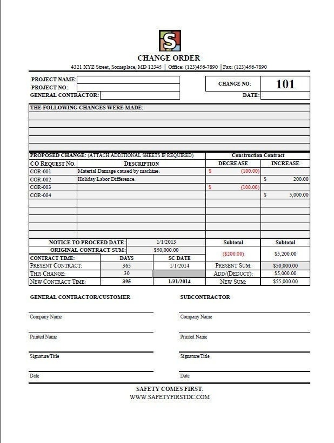 Change Order Form Template Excel