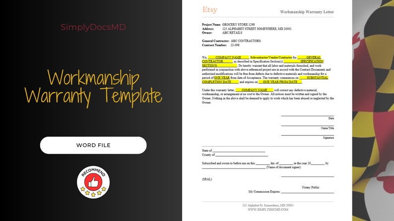 Construction Workmanship Warranty Letter With Notarial Writing - Etsy