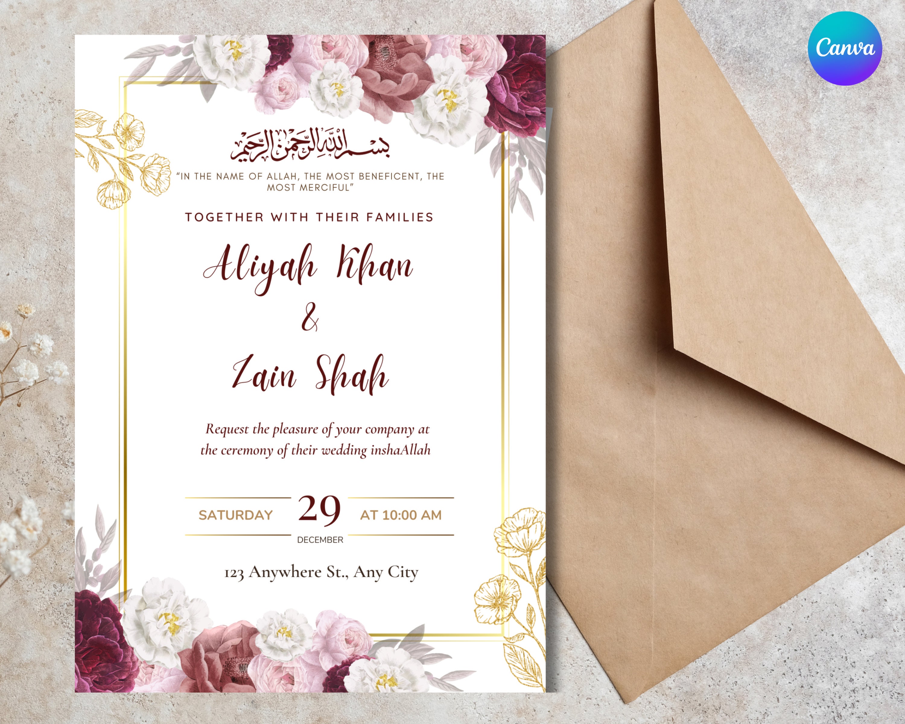 Editable Luxury Nikkah Card, Nikkah Invitation Card, Digital Walima ...