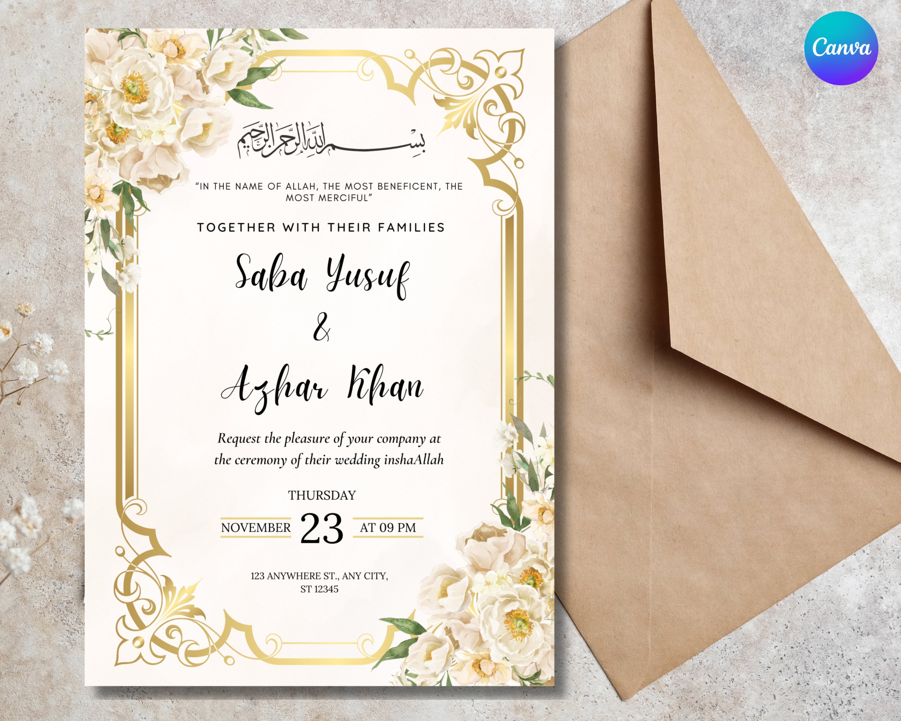 Editable Luxury Nikkah Card, Nikkah Invitation Card, Digital Walima ...
