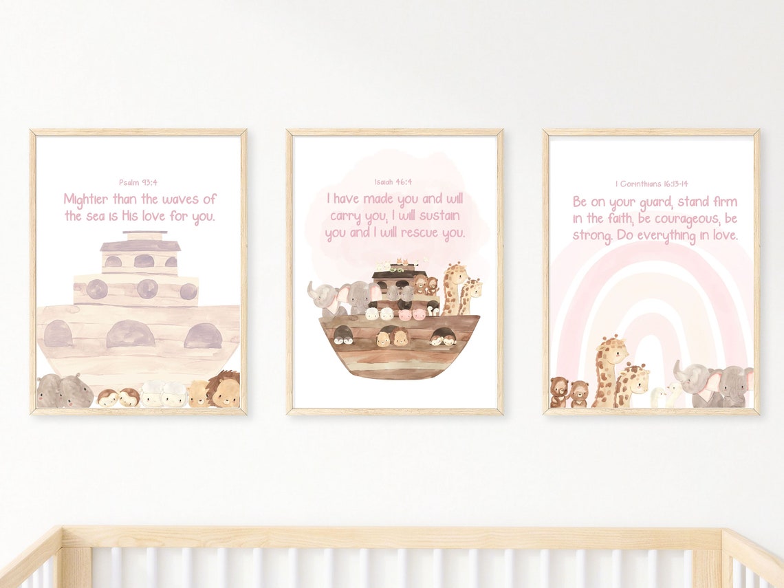 Pink Noahs Ark Custom Nursery Set Bible Prints Nautical - Etsy