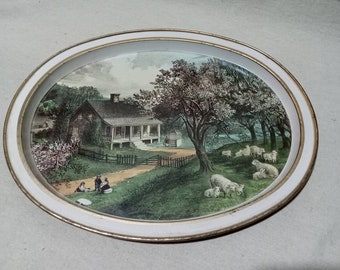 AMERICAN HOMESTEAD SPRING Currier & Ives 1868 / Metal Decorative Tray ...