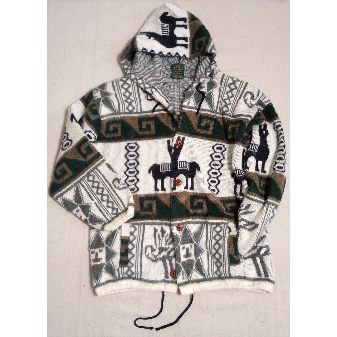 Ruminahui Wool Alpaca Llama Southwest Navajo Hooded Cardigan Sweater - Etsy
