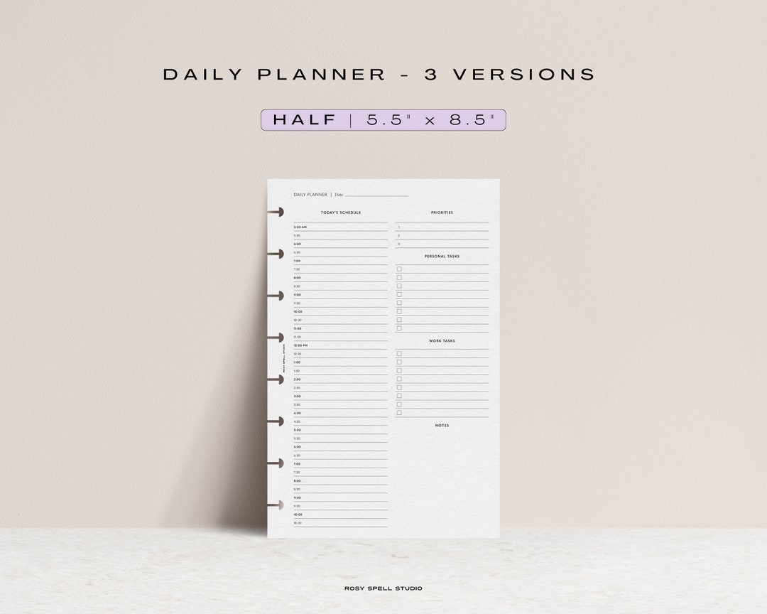 Daily Planner, HALF Printable Planner Inserts, Undated Half Letter Day ...