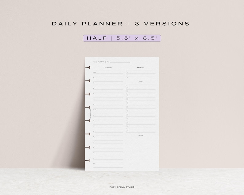 Daily Planner, HALF Printable Planner Inserts, Undated Half Letter Day ...