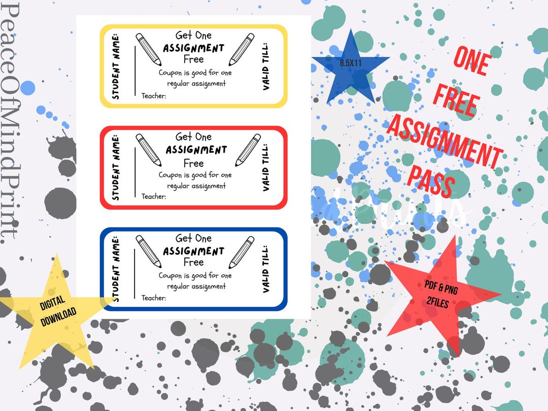 One Free Assignment Pass digital Download 8.5x11 PDF & 8.5x11 PNG - Etsy
