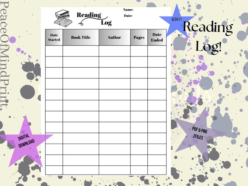 Printable Reading Log Digital Download 8.5x11 PDF & PNG - Etsy