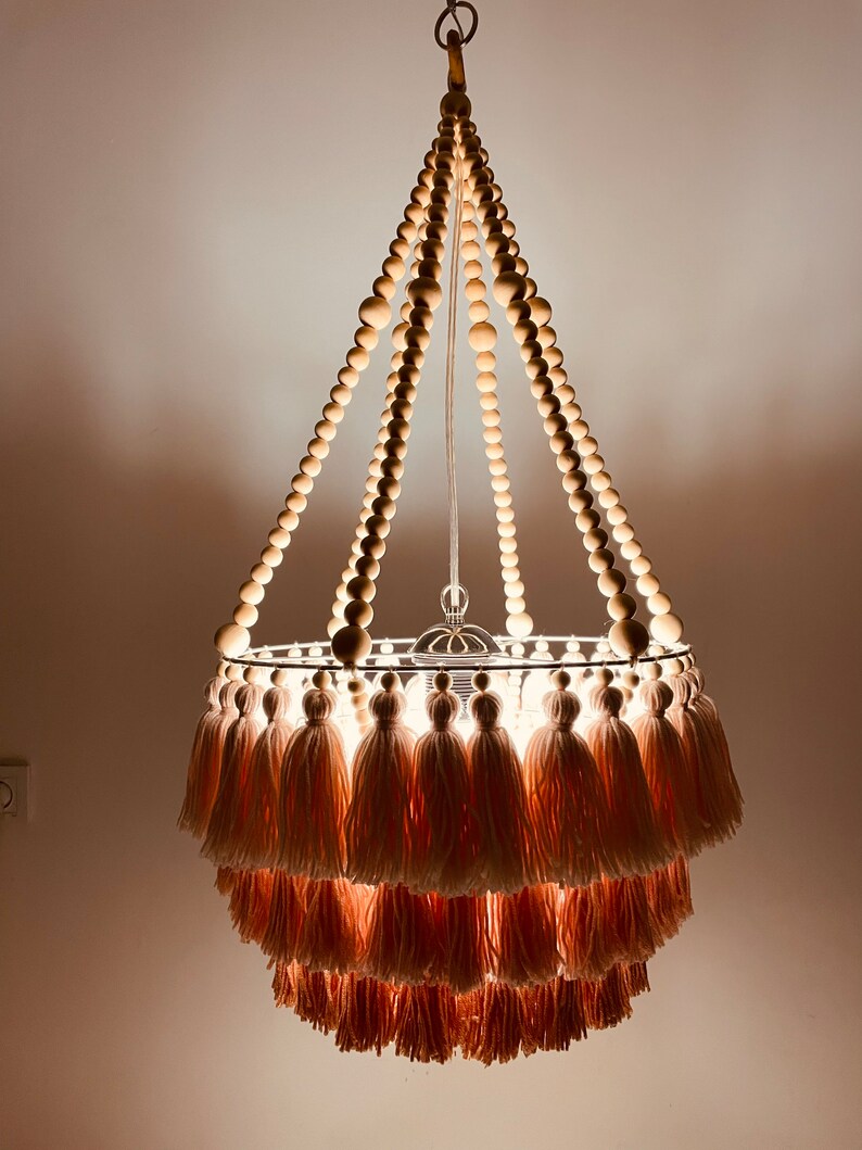 Bohemian Lamp Shade Chandelier With Tassels and Wooden Beads - Etsy