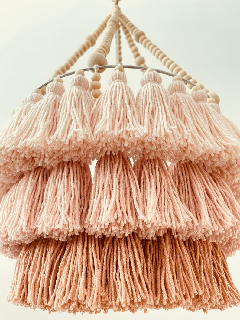 Bohemian Lamp Shade Chandelier With Tassels and Wooden Beads - Etsy