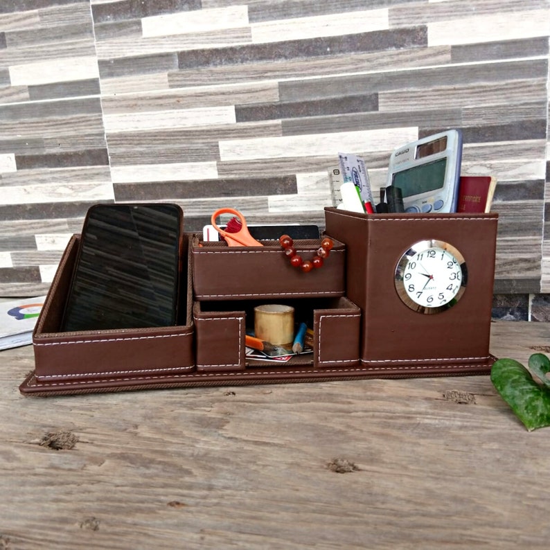 Leather Desk Organizer, Office Table Set, Desk Caddy, Leather ...