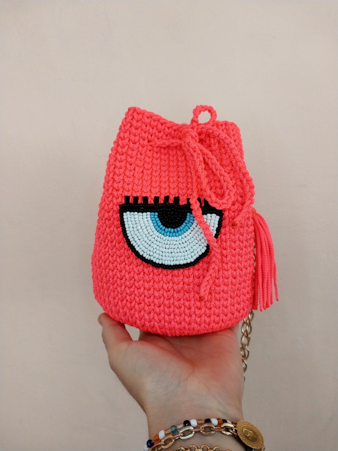 Crossbody Fed up Eye Nazar Bag / Knitting Fluorescent Pink Bags ...